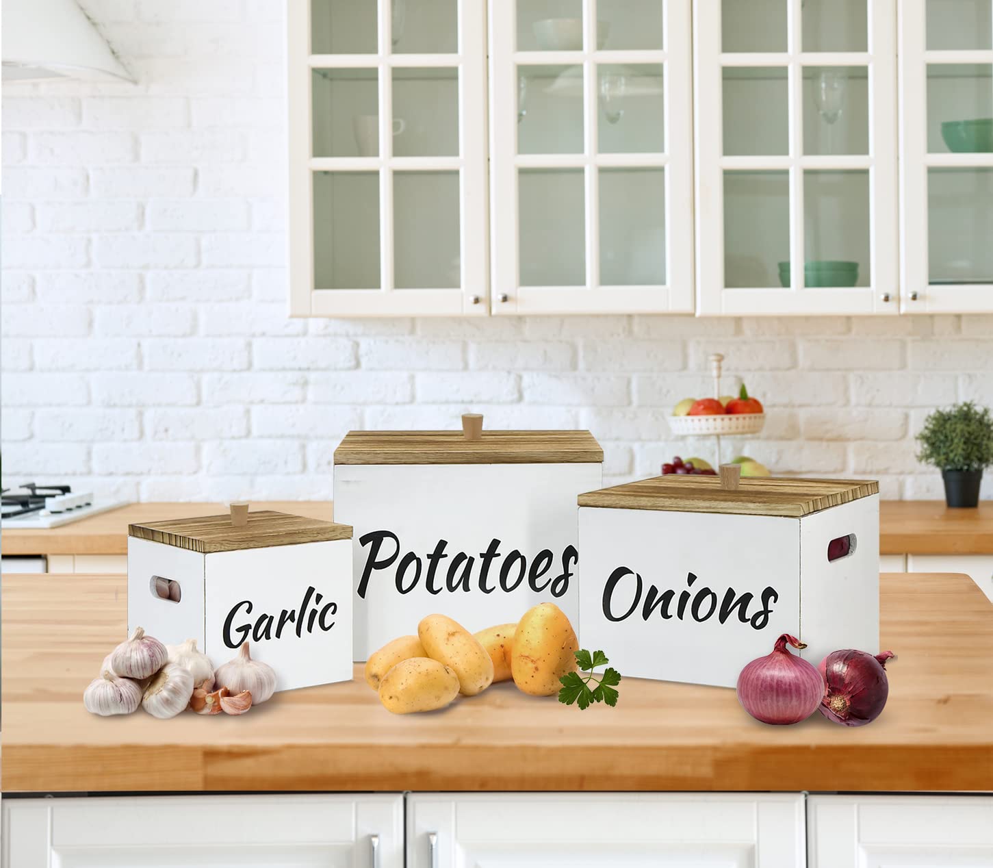 Potato and Onion Storage Bin Set of 3, Farmhouse Kitchen Storage Container Set for Potato Onion Garlic, Wood Potato Storage with Lid, Onion Storage Garlic Keeper, Potato Box, Onion and Potato Storage