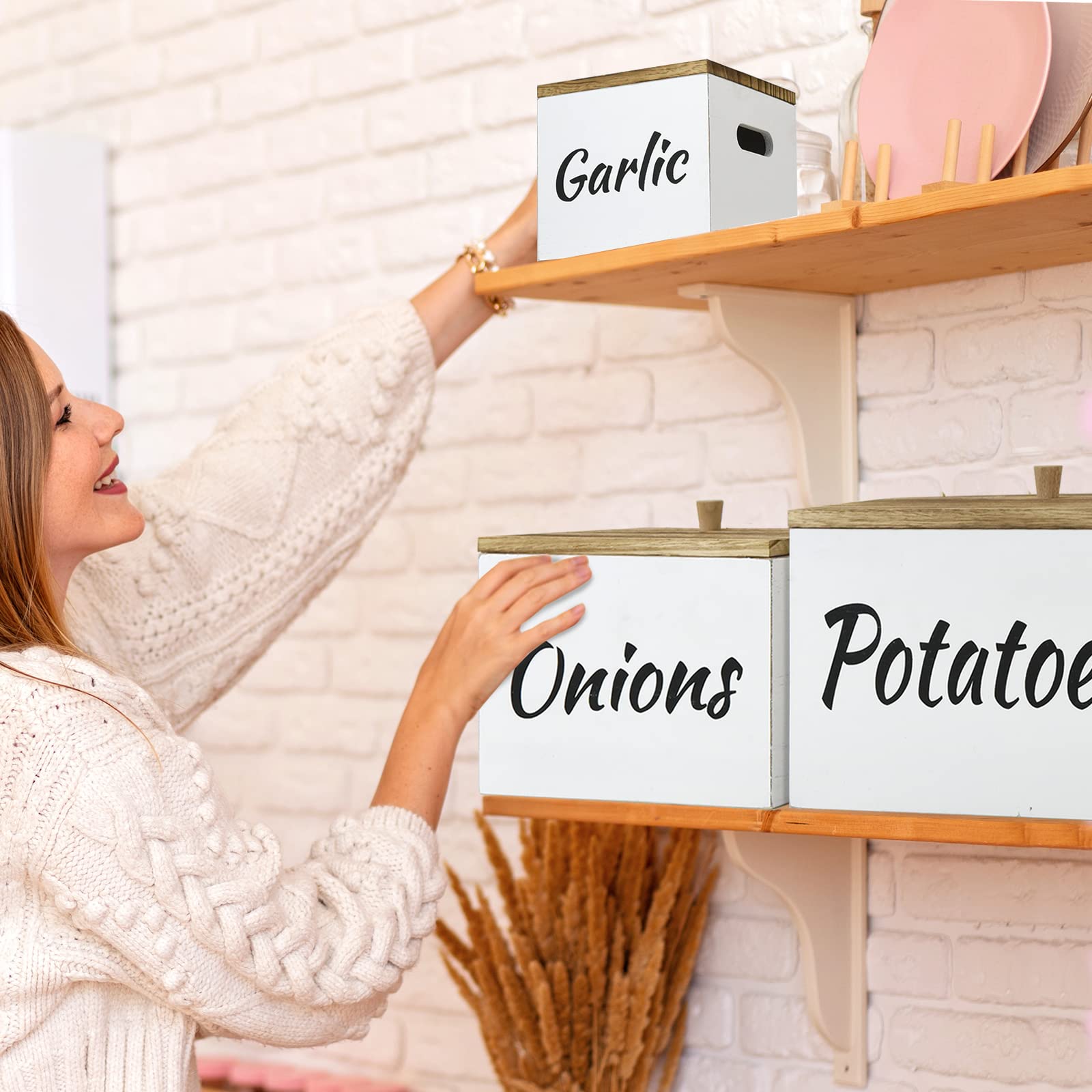 Potato and Onion Storage Bin Set of 3, Farmhouse Kitchen Storage Container Set for Potato Onion Garlic, Wood Potato Storage with Lid, Onion Storage Garlic Keeper, Potato Box, Onion and Potato Storage