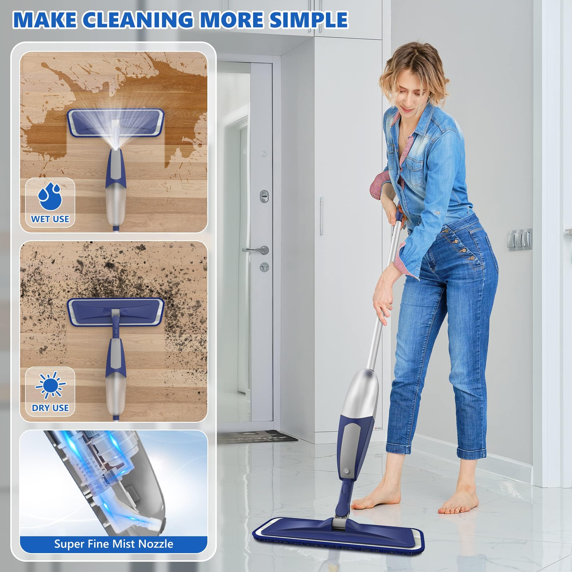 Spray Mops for Floor Cleaning - BPAWA Microfiber Spray Floor Mop Flat Dust Mop for Hardwood Laminate Tile Wood Kitchen Floors, Dry Wet Mop with Sprayer 2 x 550ML Bottles and 4 x Reusable Washable Pads