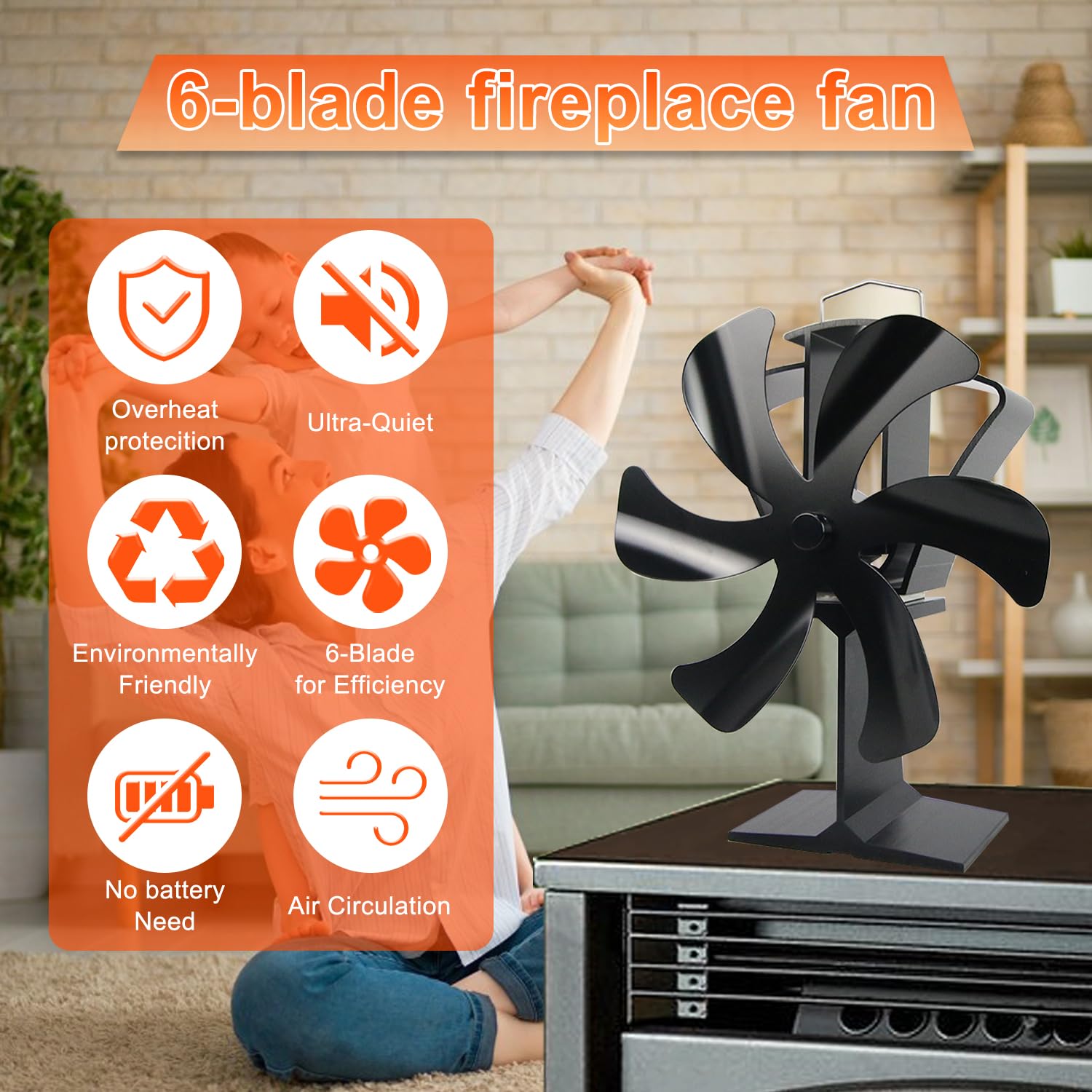 Tomersun Wood Stove Fan - 6 Blade Heat Powered Wood Burning Stove Accessory