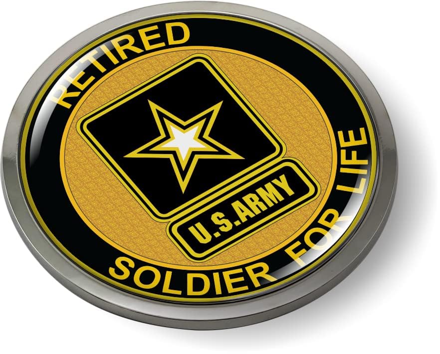 [Officially Licensed Product] - U.S. Army Retired Soldier for Life 3D Domed CAR Emblem Badge Sticker Round Chrome Metal Round Bezel