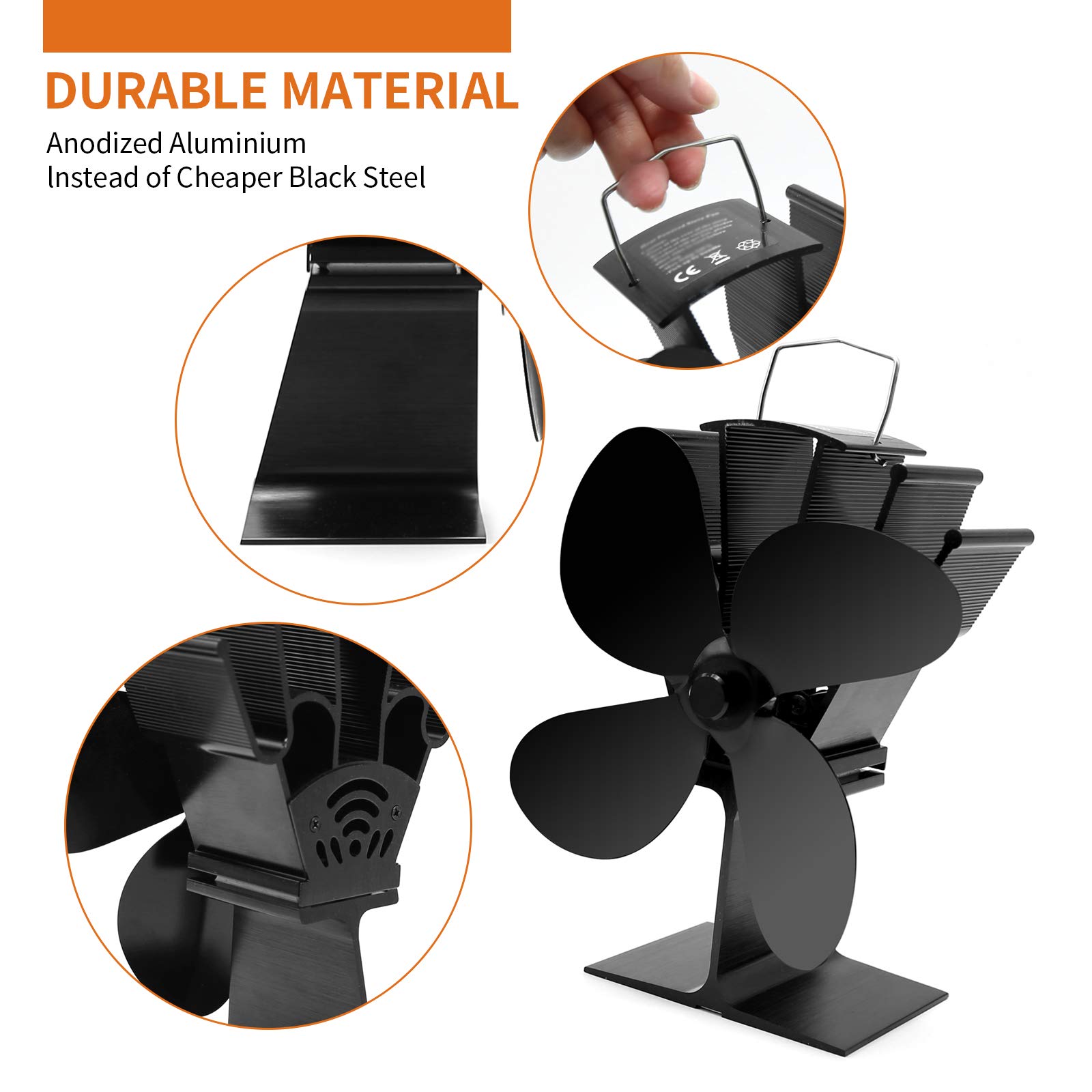 Anxingo Fireplace Fan 4-Blade Heat Powered Stove Fan Wood Burning Stove Fan for Wood Log Burner Fireplace Increases Warm Air