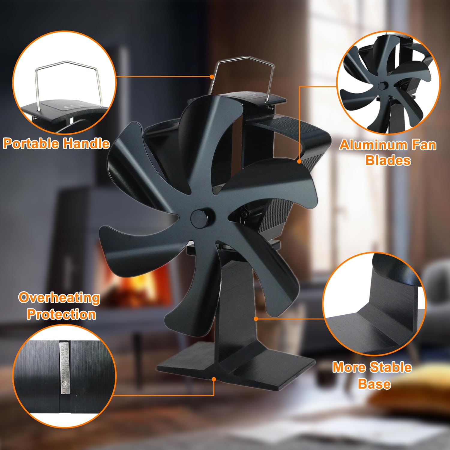 Tomersun Wood Stove Fan - 6 Blade Heat Powered Wood Burning Stove Accessory