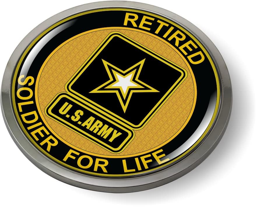 [Officially Licensed Product] - U.S. Army Retired Soldier for Life 3D Domed CAR Emblem Badge Sticker Round Chrome Metal Round Bezel