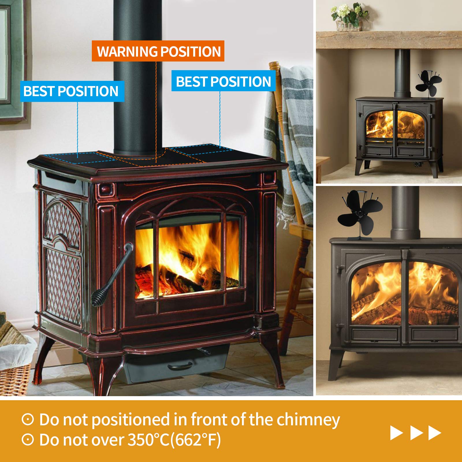 Anxingo Fireplace Fan 4-Blade Heat Powered Stove Fan Wood Burning Stove Fan for Wood Log Burner Fireplace Increases Warm Air