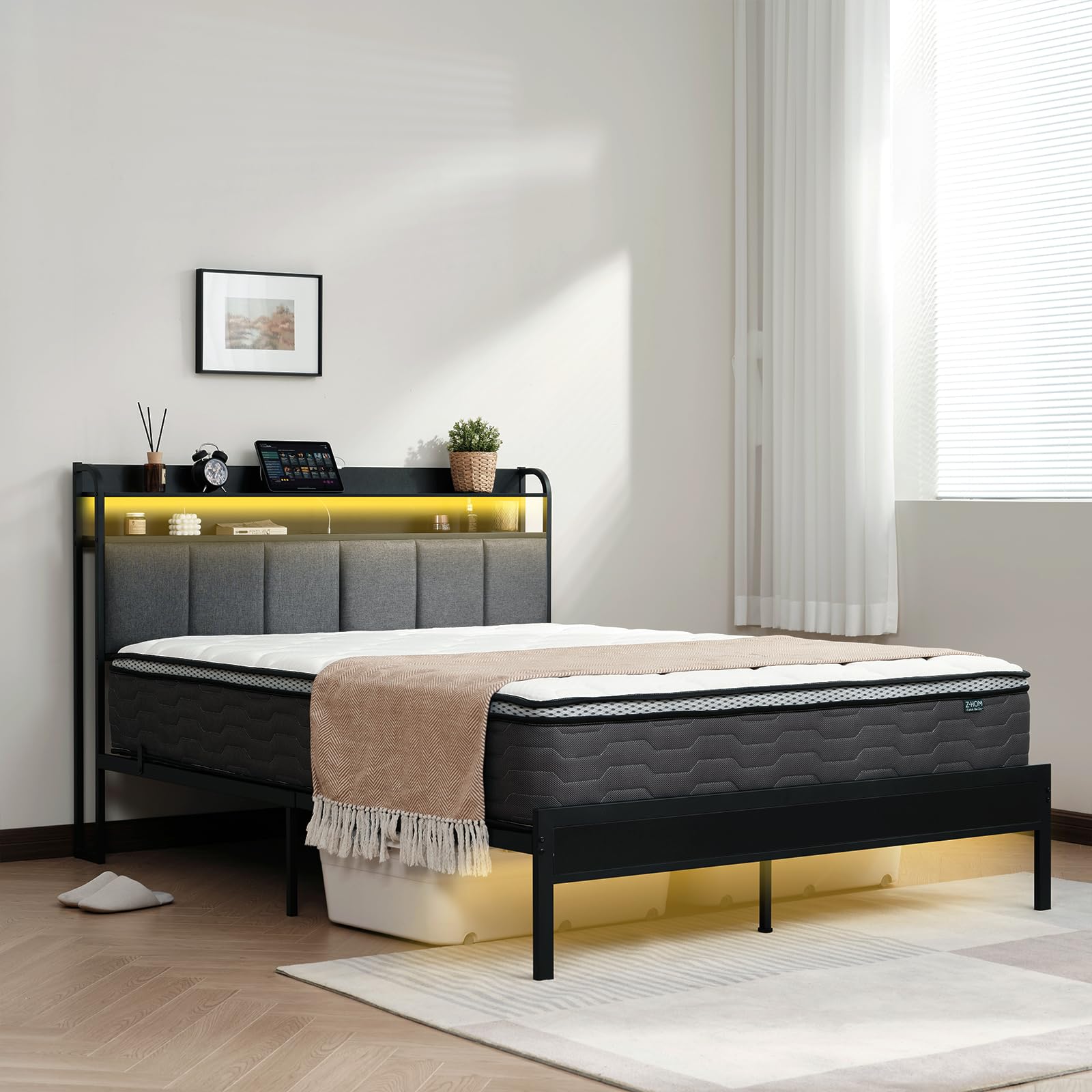 Z-hom Full Bed Frame with LED Lights Headboard, Full Size Heavy Duty Metal Hybrid Bed Frame Bed Base, Sturdy Upholstered Wooden Full Platform Bed with Charging Ports & Storage Shelves