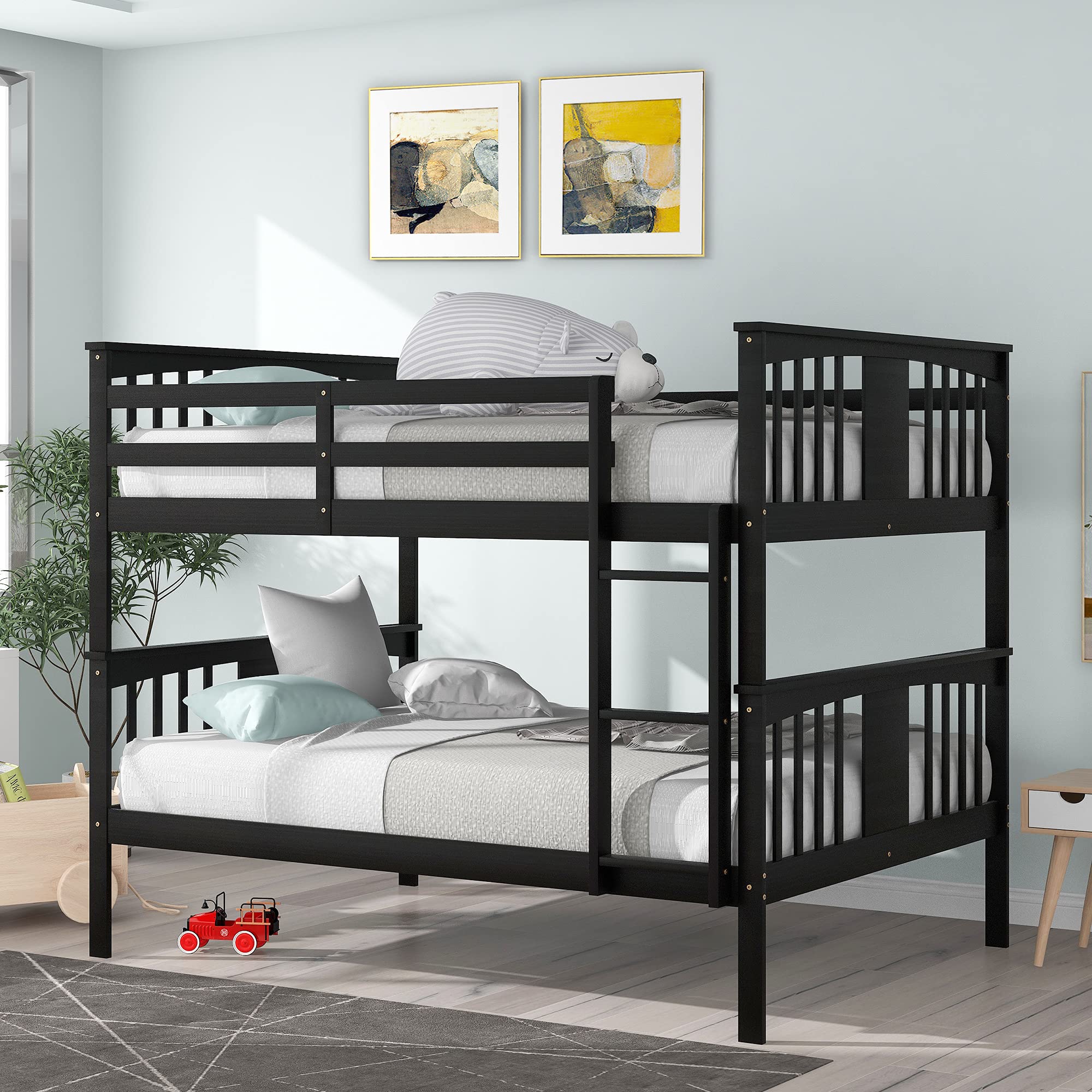 Bunk Bed, Full Over Full Bunk Beds, Solid Wood Full Bunk Bed Frame with Guard Rails and Ladder for Kids Boys Girls Teens Adults, Can be Convertible to 2 Beds, No Box Spring Needed, Espresso
