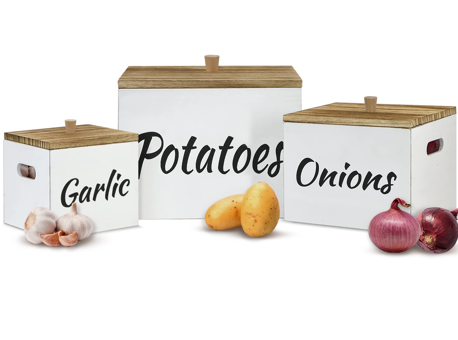 Potato and Onion Storage Bin Set of 3, Farmhouse Kitchen Storage Container Set for Potato Onion Garlic, Wood Potato Storage with Lid, Onion Storage Garlic Keeper, Potato Box, Onion and Potato Storage