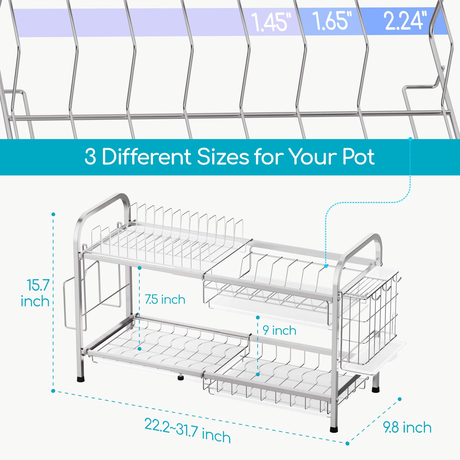iSPECLE Dish Drying Rack, Expandable 2 Tier Extra Large Dish Rack for Pot and Pan Stainless Steel Pan Rack with Pot Holder Drain Board Utensil Holder for Kitchen Countertop, Silver
