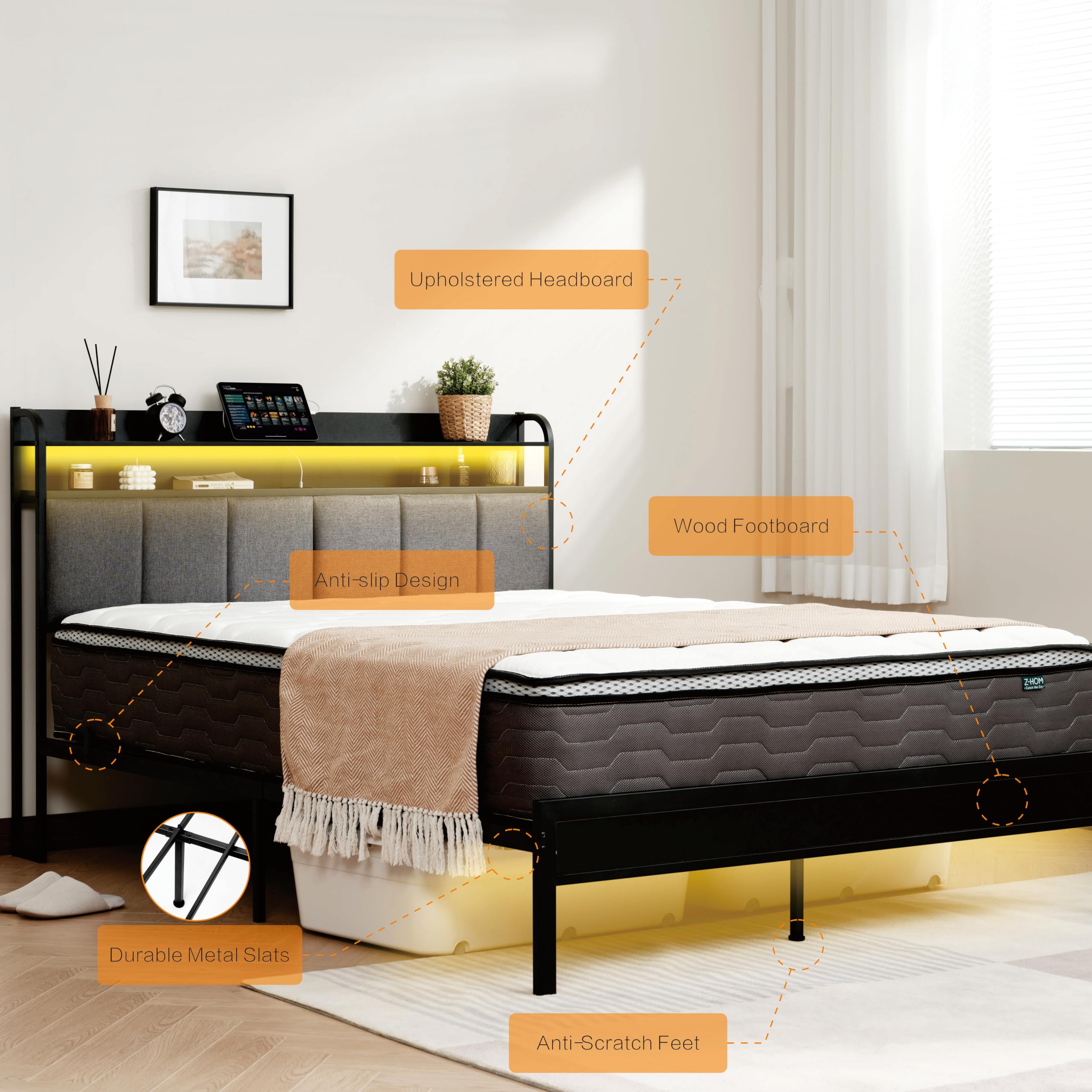 Z-hom Full Bed Frame with LED Lights Headboard, Full Size Heavy Duty Metal Hybrid Bed Frame Bed Base, Sturdy Upholstered Wooden Full Platform Bed with Charging Ports & Storage Shelves