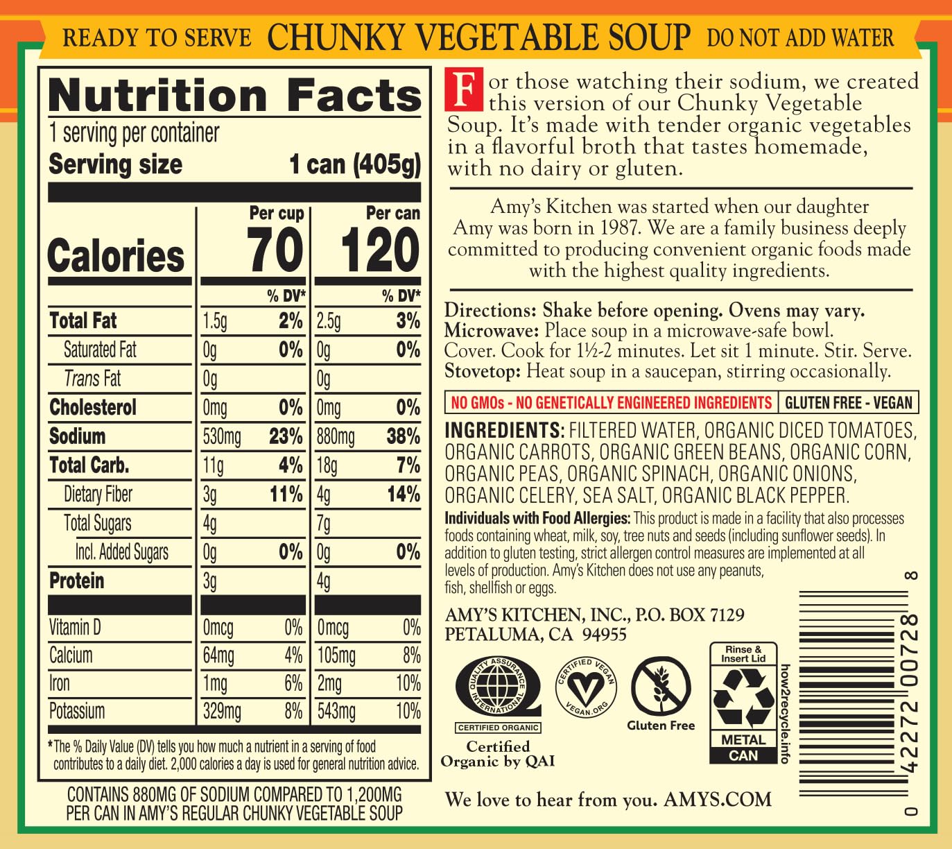 Amy’s Soup, Vegan Reduced Sodium Chunky Vegetable Soup, Gluten Free, Made With Organic Vegetables, Canned Soup, 14.3 Oz (12 Pack)