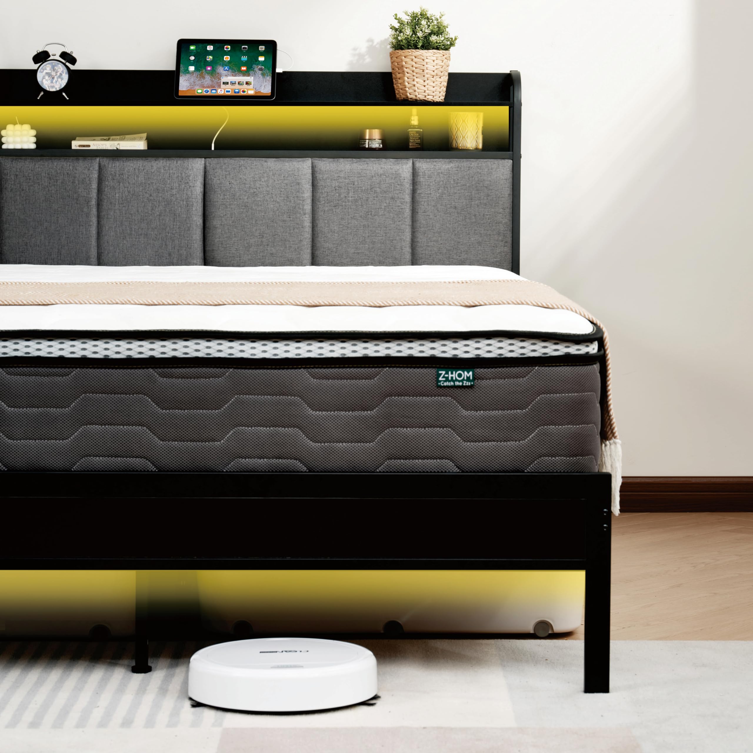 Z-hom Full Bed Frame with LED Lights Headboard, Full Size Heavy Duty Metal Hybrid Bed Frame Bed Base, Sturdy Upholstered Wooden Full Platform Bed with Charging Ports & Storage Shelves