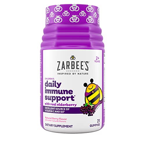 Zarbee's Elderberry Gummies for Kids with Vitamin C, Zinc & Elderberry, Daily Childrens Immune Support Vitamins Gummy for Ages 2 and Up, Natural Berry Flavor, 21 Count