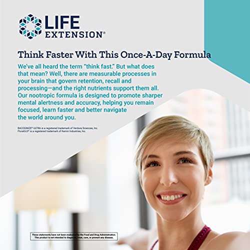 Life Extension Quick Brain Nootropic โ Brain Supplement for Memory, Focus, Learning, Recall, Attention and Cognition โ Gotu Kola, Bacopa, Once Daily, Gluten-Free, Non-GMO - 30 Vegetarian Capsules