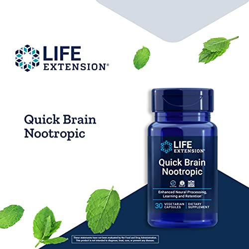 Life Extension Quick Brain Nootropic โ Brain Supplement for Memory, Focus, Learning, Recall, Attention and Cognition โ Gotu Kola, Bacopa, Once Daily, Gluten-Free, Non-GMO - 30 Vegetarian Capsules