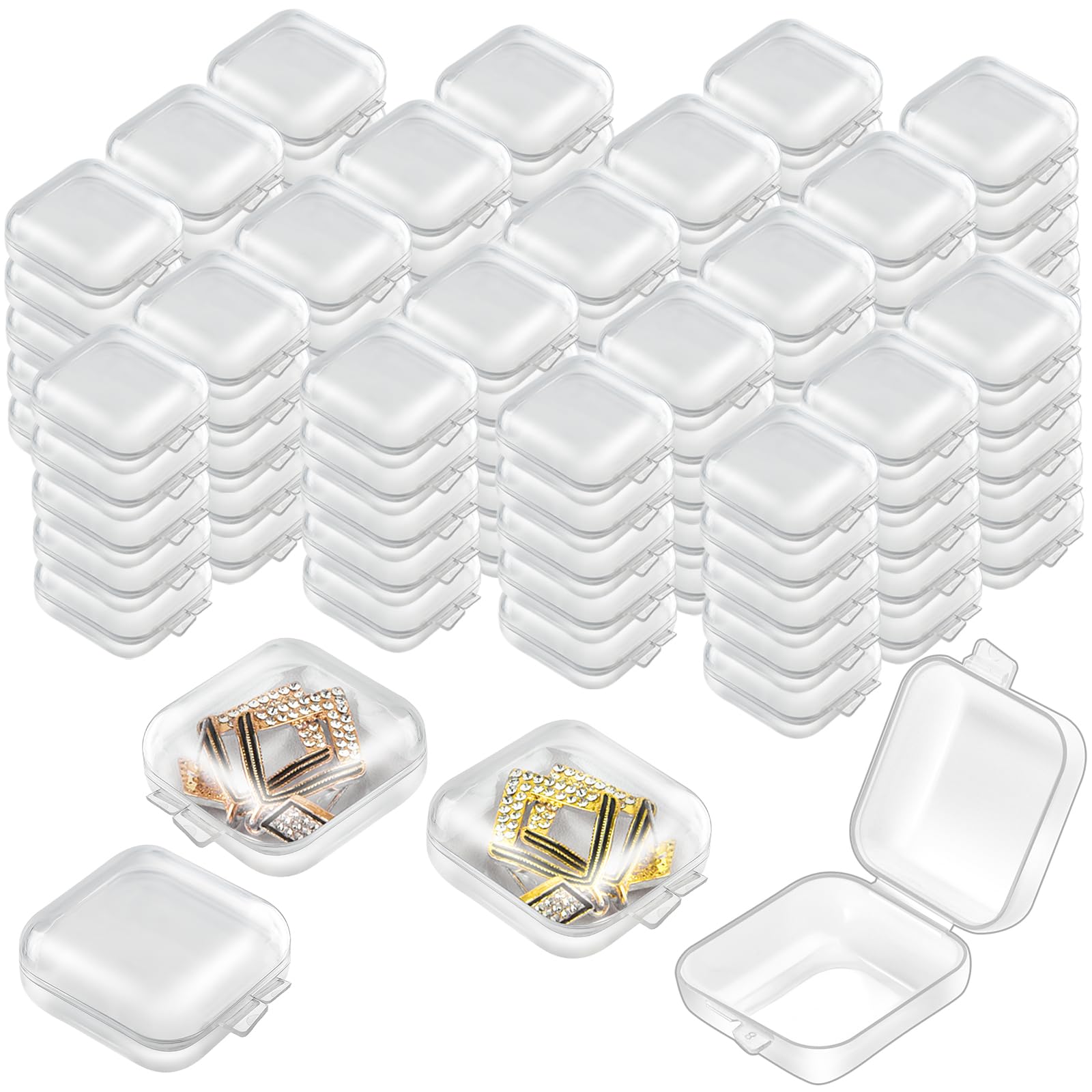Mototo 120 Pieces Mini Plastic Jewelry Box Clear Storage Box Small Storage Containers with Hinged Lids for Beads Jewelry Earrings Chains Earplugs Craft, 1.4 x 1.4 x 0.7 Inches
