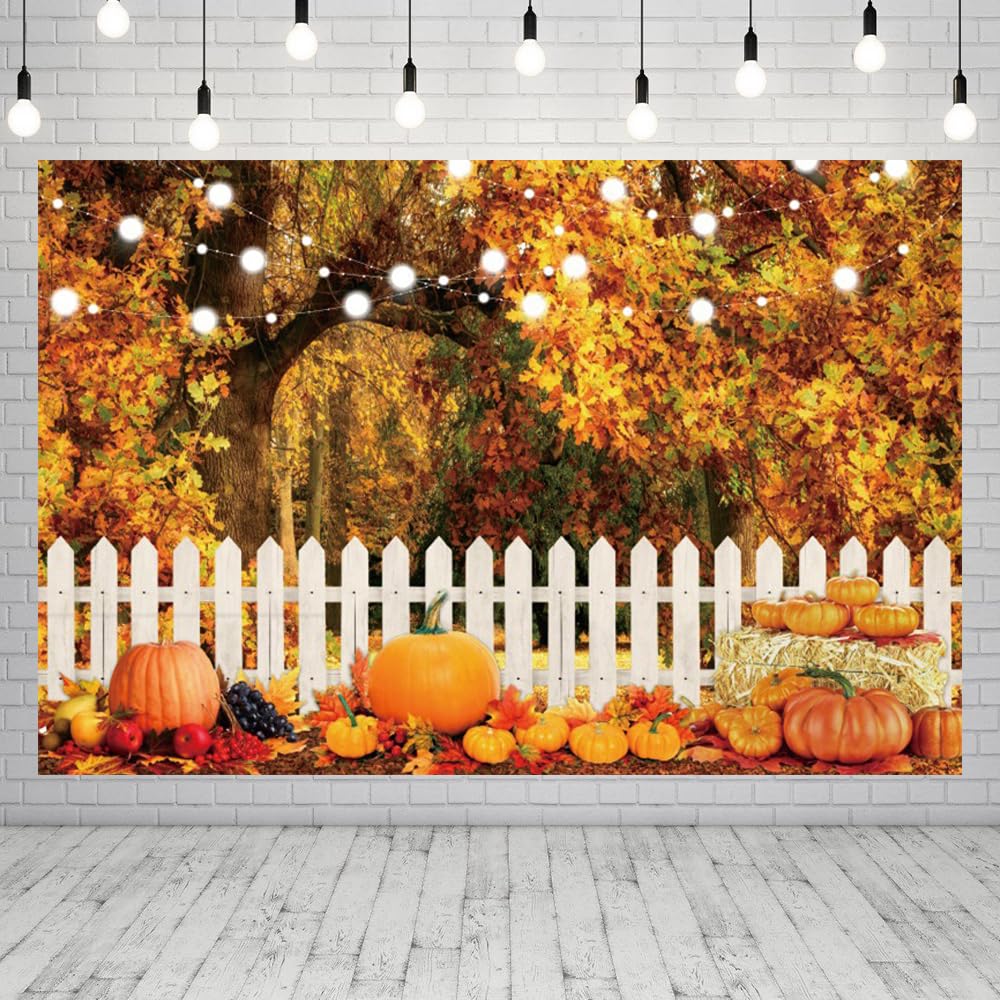 LFEEY Autumn Forest Thanksgiving Day Photography Backdrop, 10x8ft Rustic Fall Barn Pumpkin Thanksgiving Party Farm Harvest Event Backdrop, Kids Adults Photoshoot Photo Booth Studio Prop