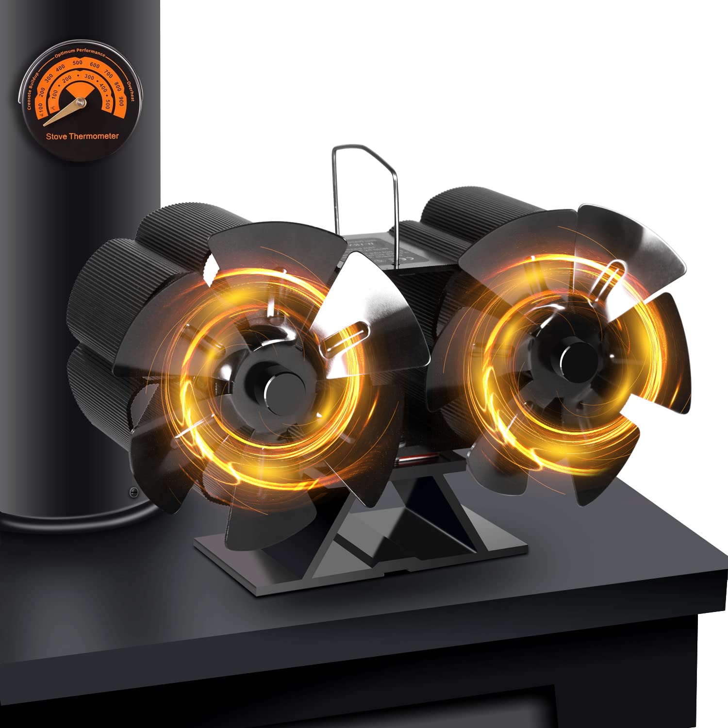 Holldoor 12-Blade Fireplace Fan, Non-Electric, Wood Stove Fan, Heat-Powered, Black, Aluminum, Tabletop, Painted, 1 Pound, Magnetic Thermometer, Indoor Use, Air Circulation, Wood Stove Compatible