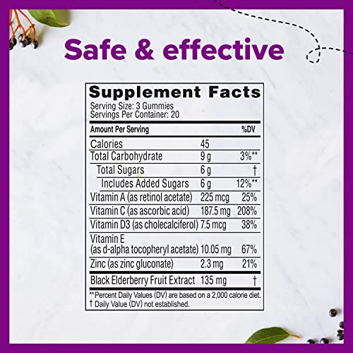 Zarbee's Gummy Daily Immune Support Supplement With Vitamins A, C, D, E & Zinc, Black Elderberry Fruit Extract, Natural Berry Flavor, 60 Count