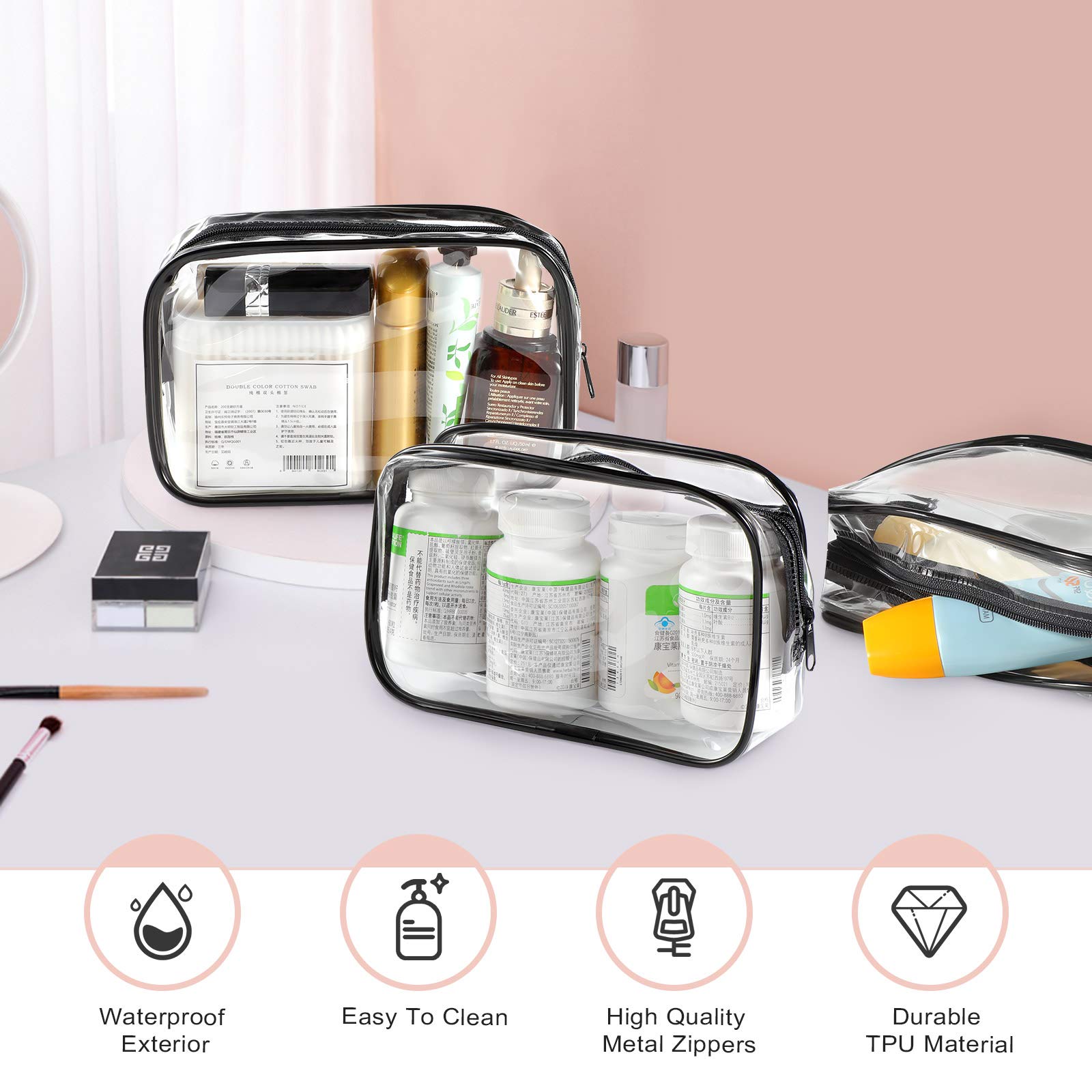 Weewooday 12 Pieces Clear Cosmetics Bag PVC Zippered Clear Toiletry Carry Pouch Cosmetic Makeup Bag Waterproof Makeup Vinyl Plastic Organizer Case for Vacation Bathroom(Black,Medium)