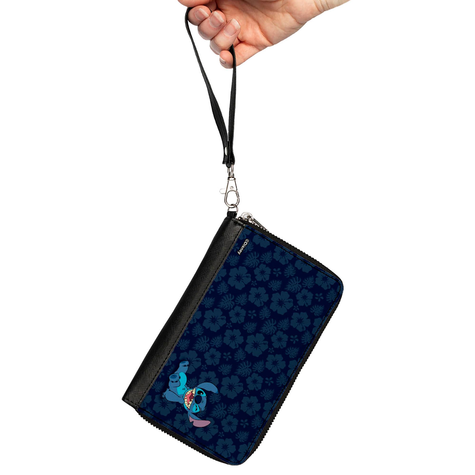Disney Wallet, Zip Around, Lilo and Stitch Stitch Winking Pose Tropical Flora Black Blue, Vegan Leather