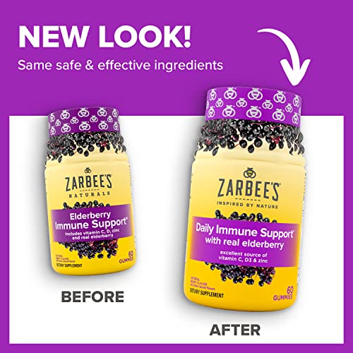 Zarbee's Gummy Daily Immune Support Supplement With Vitamins A, C, D, E & Zinc, Black Elderberry Fruit Extract, Natural Berry Flavor, 60 Count