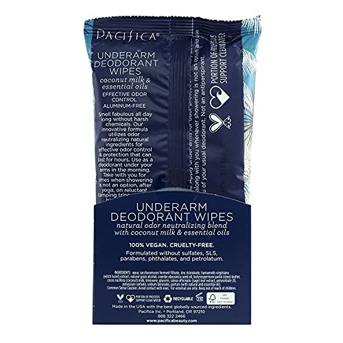Pacifica Beauty, Coconut Milk & Essential Oils Underarm Deodorant Wipes, 30 Count, Remove Odor On-The-Go, Aluminum Free, Travel Friendly, Fresh Coconut Scent, 100% Vegan and Cruelty Free