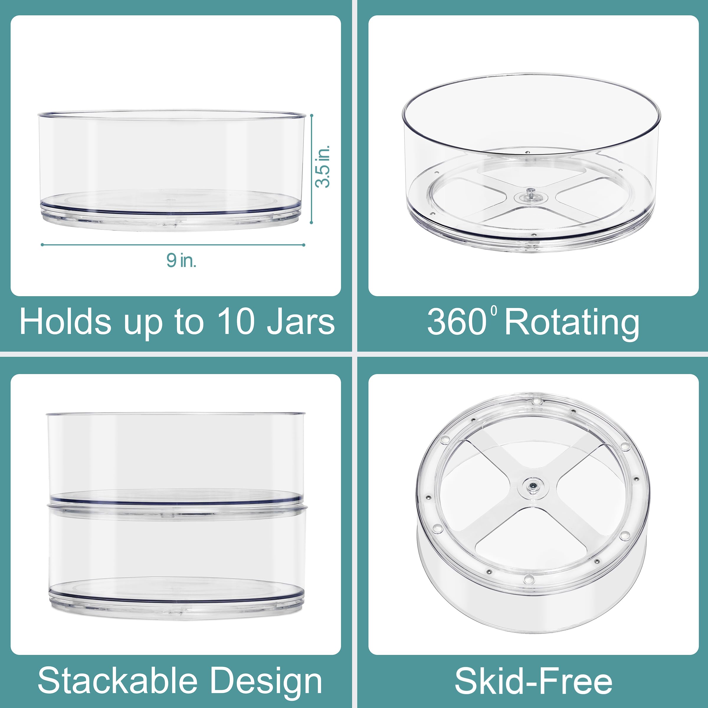 Clear Lazy Susan Organizer - 2 Pack Round Plastic Rotating Turntable Organizers - Refrigerator Lazy Susans Great For Spice Spinner, Condiments & Kitchen Pantry Fridge, Bathroom Cabinets