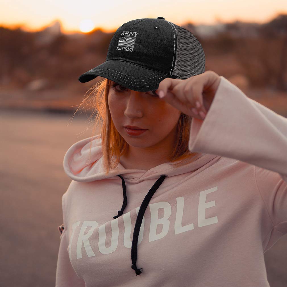 Richardson Mesh Hat Us Army Retired Embroidery Cotton Dad Hats for Men & Women Snapback Black Charcoal