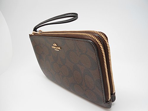 Coach Signature PVC Large Double Zip Wristlet Purse Brown Black F16109