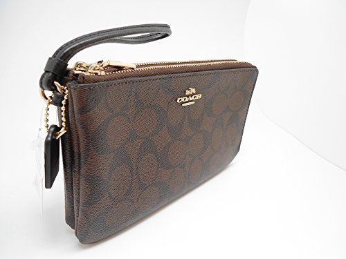 Coach Signature PVC Large Double Zip Wristlet Purse Brown Black F16109