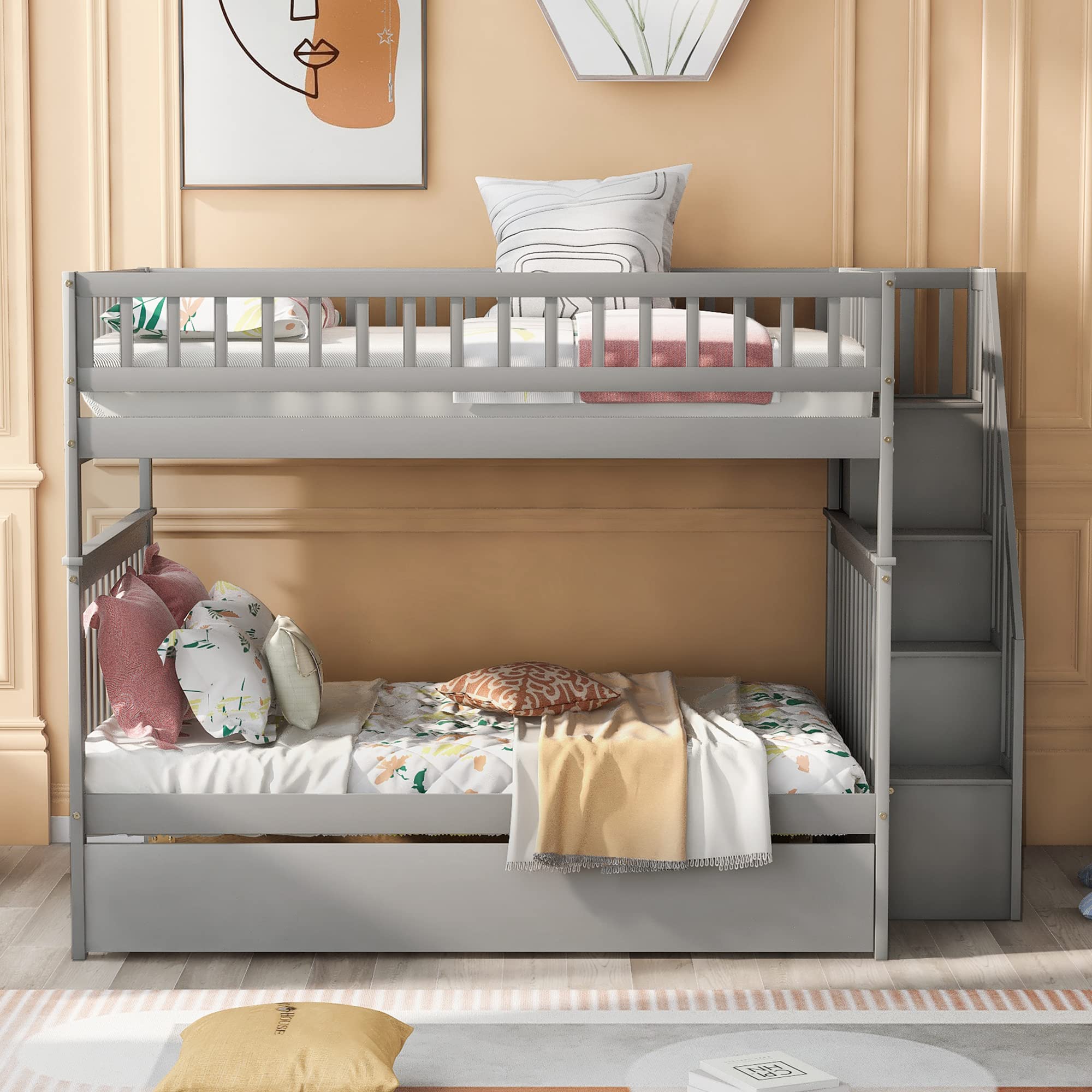 Merax Full Over Full Bunk Bed with Trundle, Wood Full Bed Frame with Staircase, Storage Space, and Guard Rail for Teens, Adults, Suitable for Bedroom, Dorm, Grey