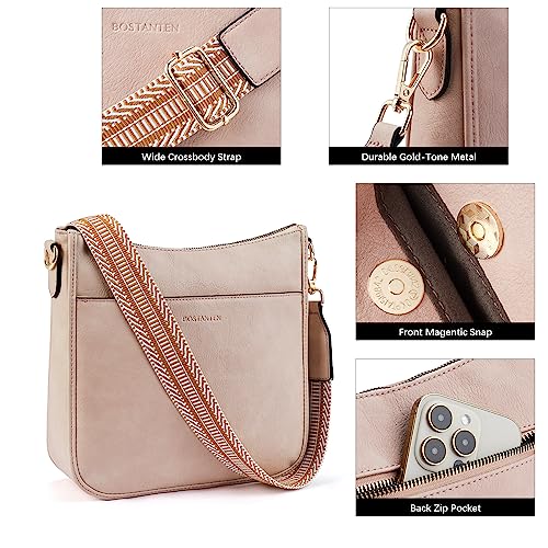 BOSTANTEN Crossbody Bags for Women Trendy Vegan Leather Hobo Purses Shoulder Handbags With Wide Shoulder Strap Pink