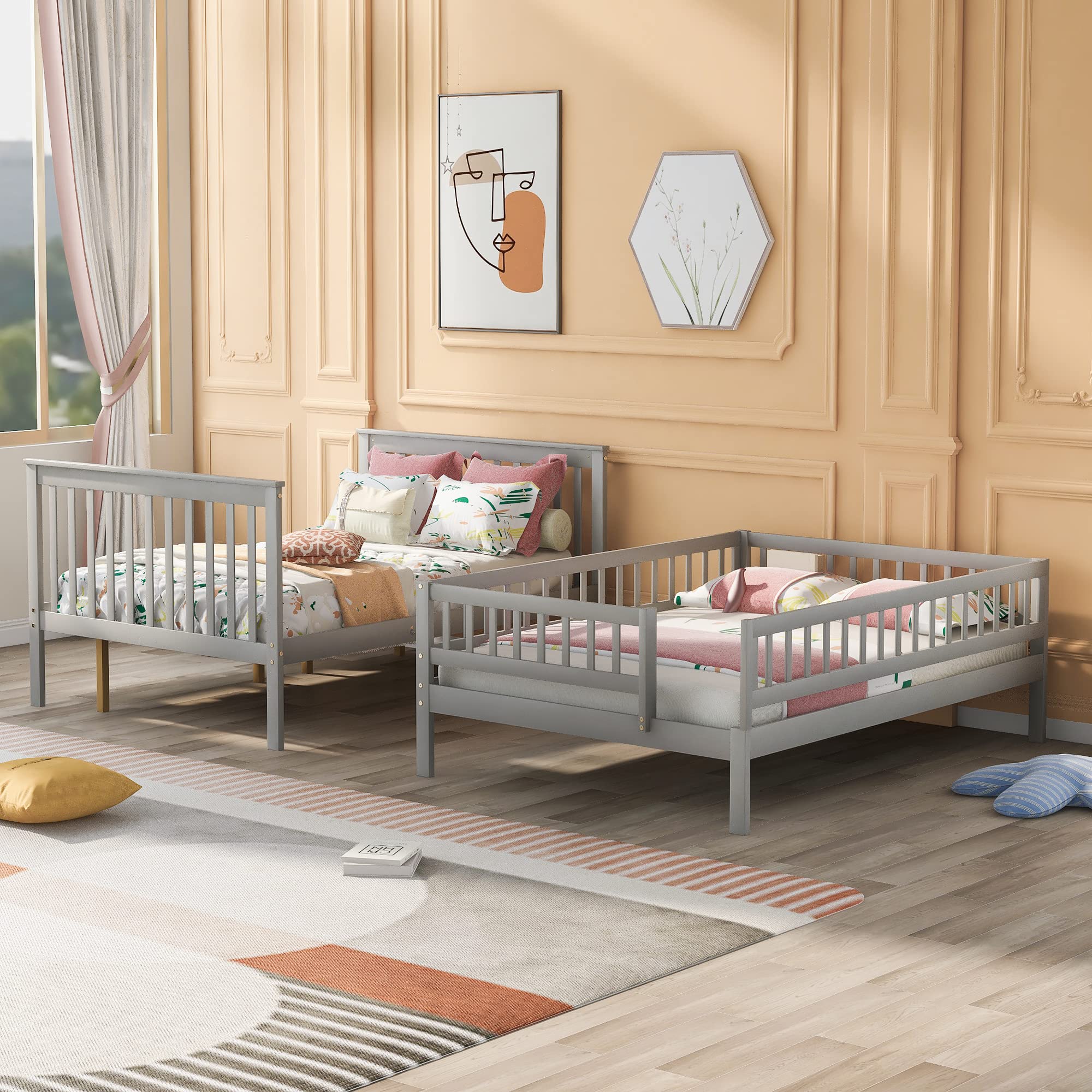Merax Full Over Full Bunk Bed with Trundle, Wood Full Bed Frame with Staircase, Storage Space, and Guard Rail for Teens, Adults, Suitable for Bedroom, Dorm, Grey