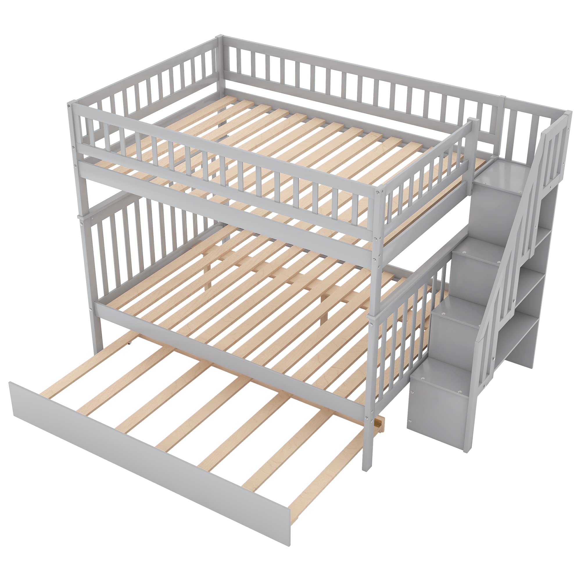 Merax Full Over Full Bunk Bed with Trundle, Wood Full Bed Frame with Staircase, Storage Space, and Guard Rail for Teens, Adults, Suitable for Bedroom, Dorm, Grey