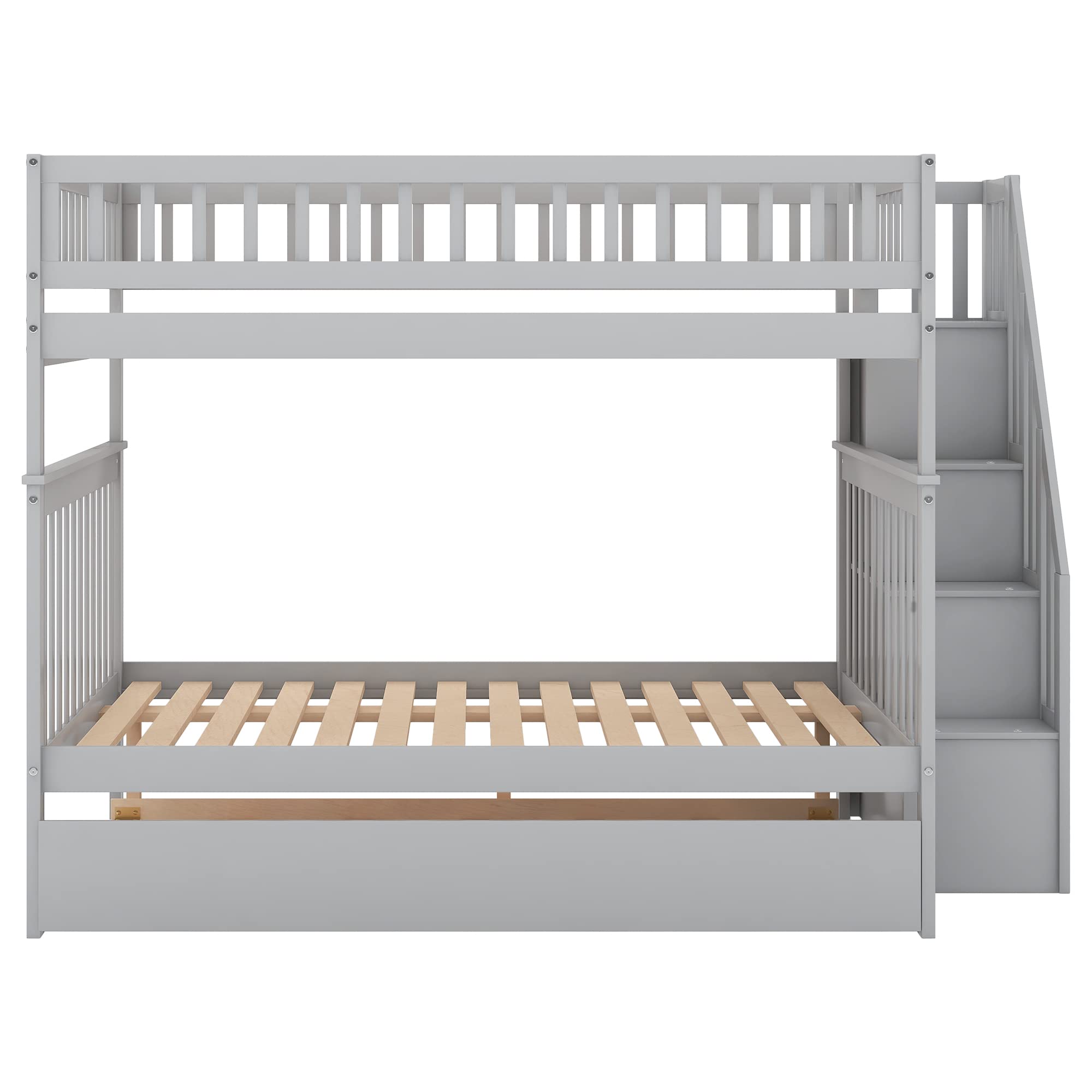 Merax Full Over Full Bunk Bed with Trundle, Wood Full Bed Frame with Staircase, Storage Space, and Guard Rail for Teens, Adults, Suitable for Bedroom, Dorm, Grey
