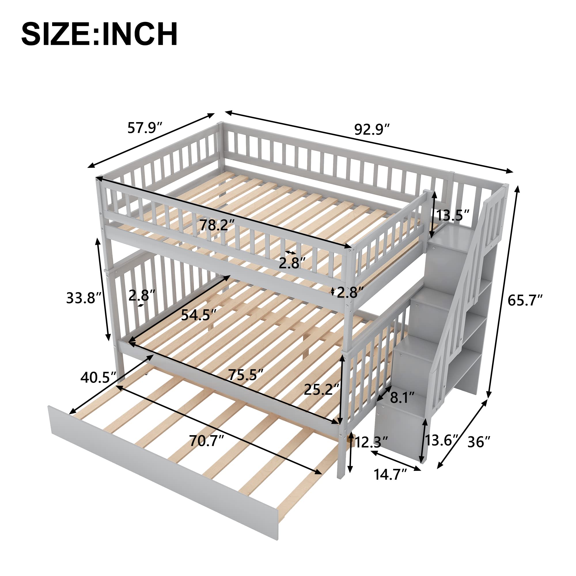 Merax Full Over Full Bunk Bed with Trundle, Wood Full Bed Frame with Staircase, Storage Space, and Guard Rail for Teens, Adults, Suitable for Bedroom, Dorm, Grey
