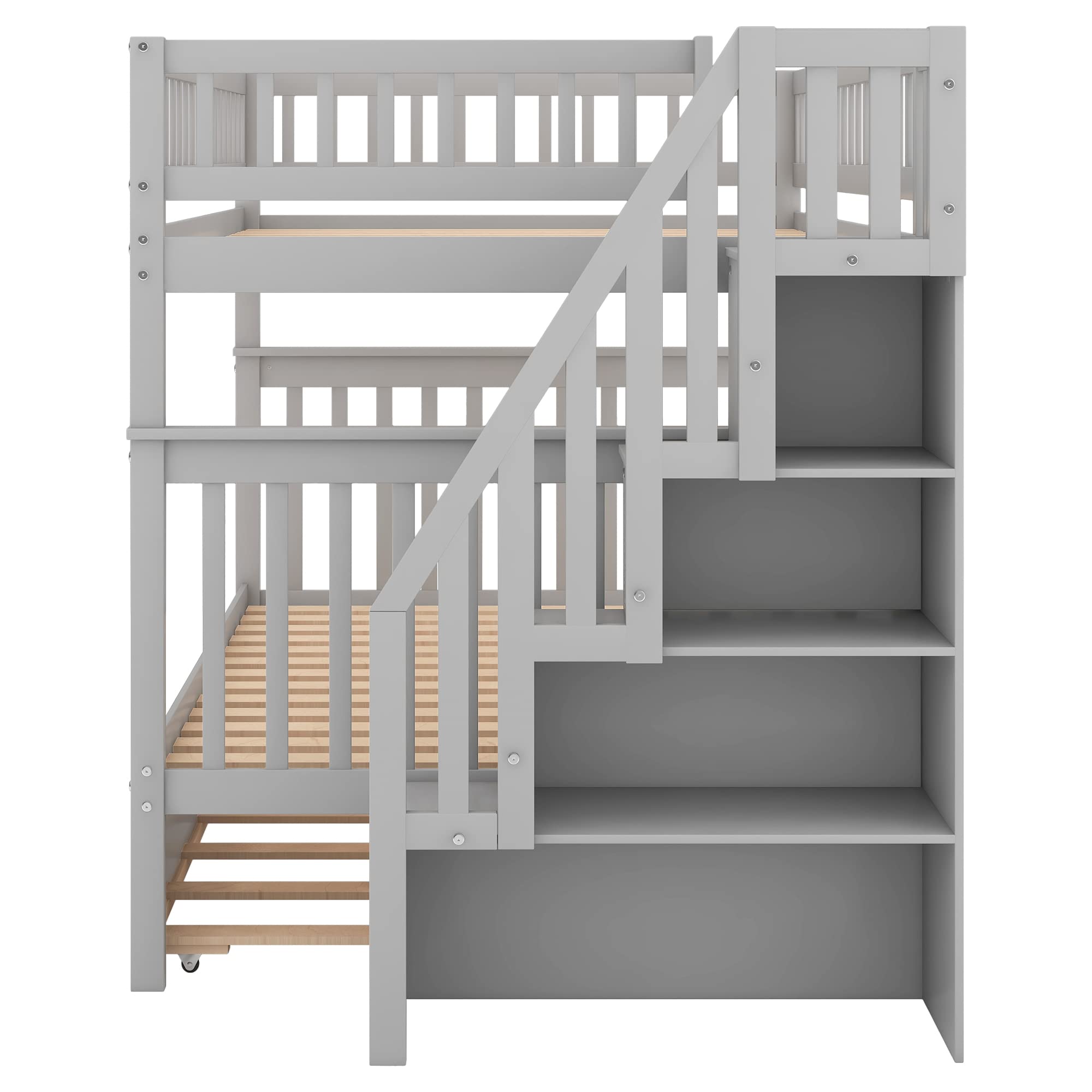 Merax Full Over Full Bunk Bed with Trundle, Wood Full Bed Frame with Staircase, Storage Space, and Guard Rail for Teens, Adults, Suitable for Bedroom, Dorm, Grey