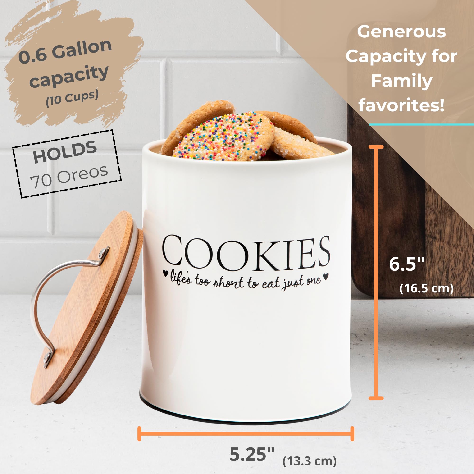 D'Lifeful Farmhouse Cookie Jars for Kitchen Counter with Airtight Seal Bamboo Lid - Decorative Tin Cookie Jar with Lids - Storage Container for Cookies and Baking Supplies