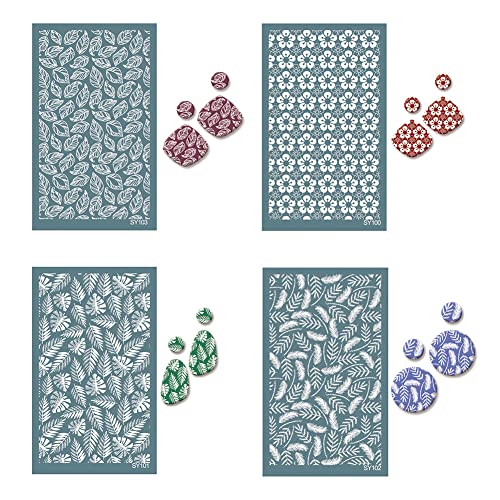 4Pcs Polymer Clay Silk Screen - Silk Screen Stencils for Polymer Clay - Reusable Silkscreen Print Kit - Printing on Clay Jewelry Clay Earrings - Silkscreen Stencil for Polymer Clay Earrings