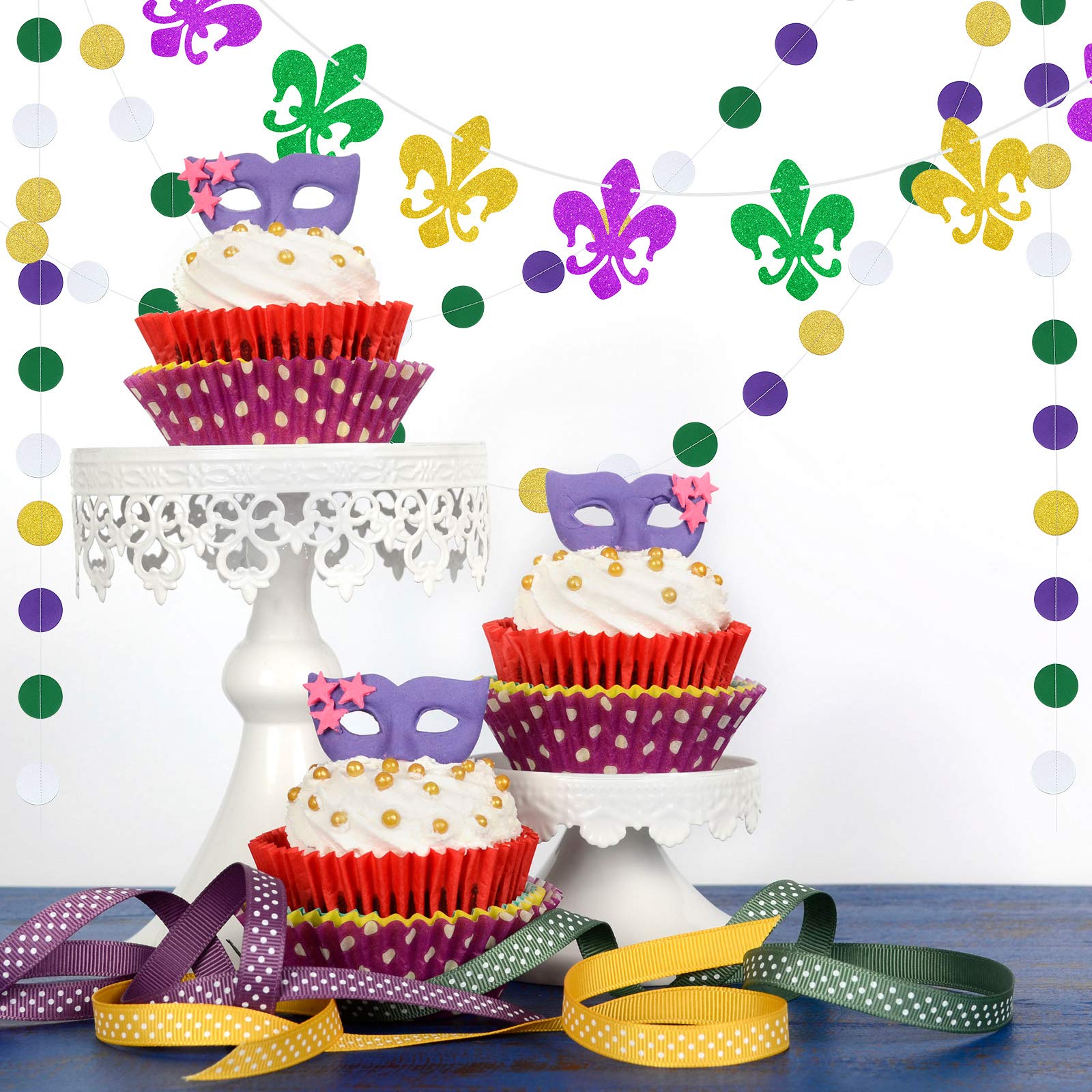 5 Pieces Mardi Gras Paper Banner Garlands, Include 4 Pieces Gold Purple Circle Dots Garland and Fleur Fe Paper Garland for Mardi Gras Theme Celebration Birthday