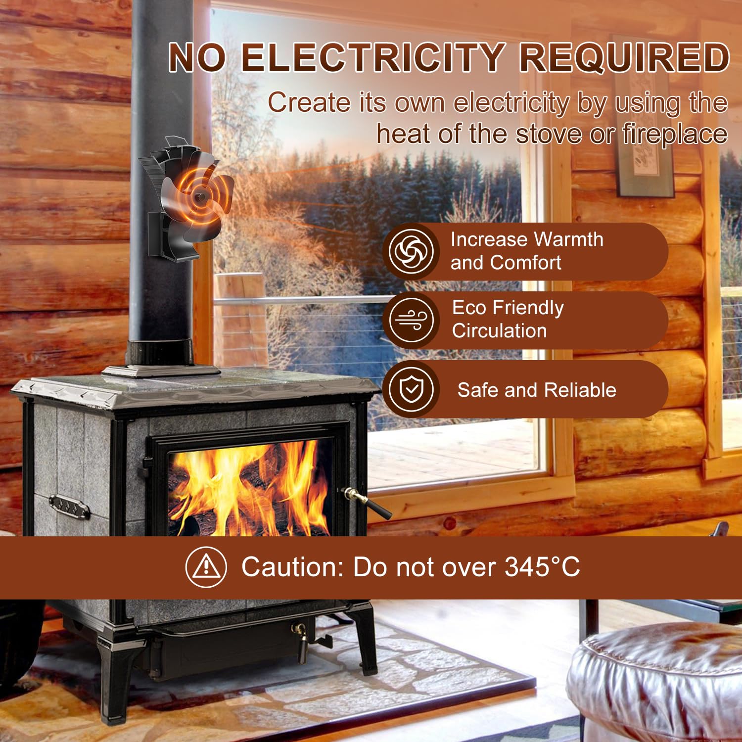 VODA Stove Fan 5 Blades for Wood Stove/Fireplace/Flue Pipe - Magnetic Installation, No Power Required - High Efficiency, Low Noise, Durable - Include 1 Spare Ring