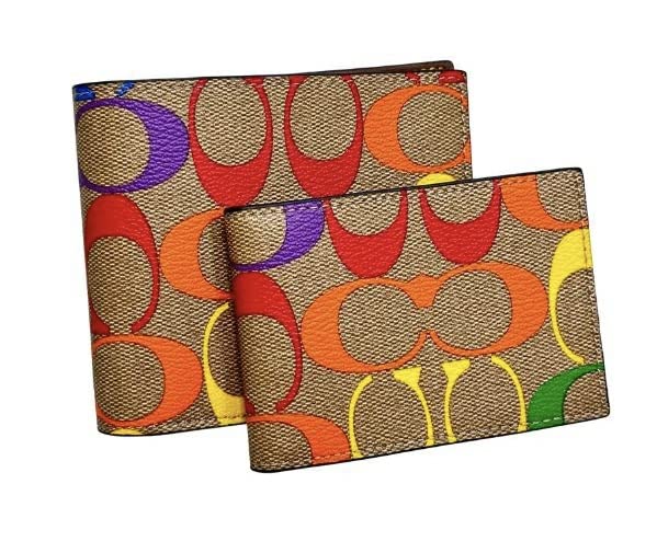 Coach Men's 3 in 1 Wallet (Signature Canvas, Rainbow - Khaki)