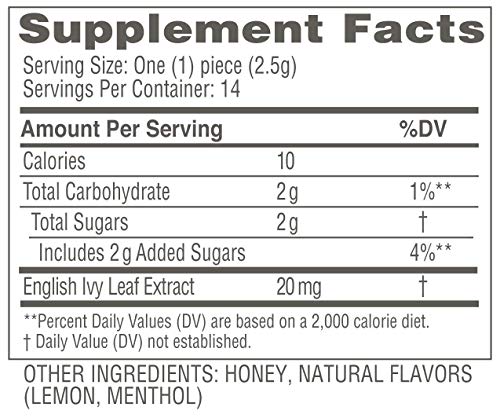 Zarbee's Naturals 96% Honey Cough Soothers + Mucus with Ivy Leaf Extract, Lemon Menthol Flavor,16.8 Oz,14 Count