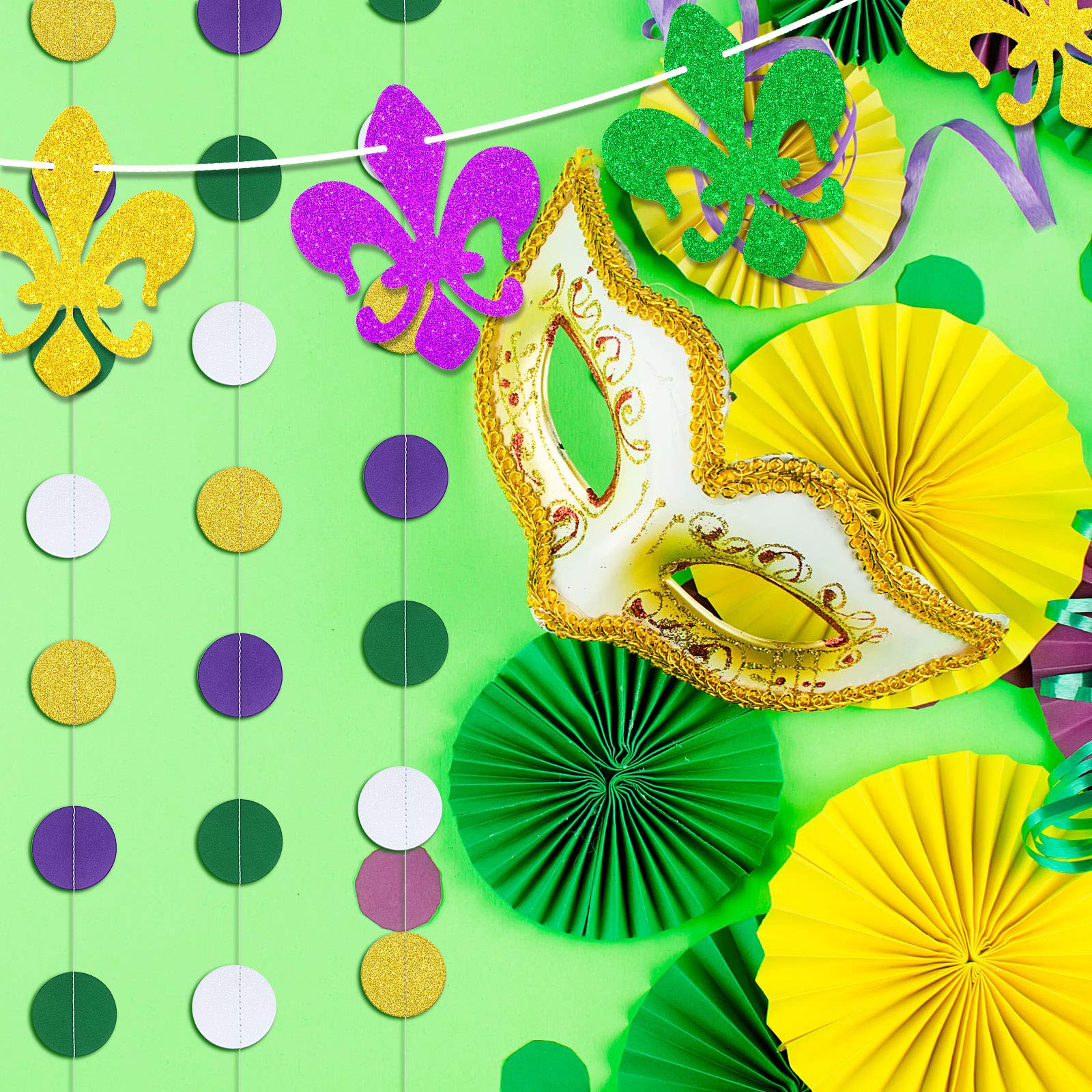 5 Pieces Mardi Gras Paper Banner Garlands, Include 4 Pieces Gold Purple Circle Dots Garland and Fleur Fe Paper Garland for Mardi Gras Theme Celebration Birthday