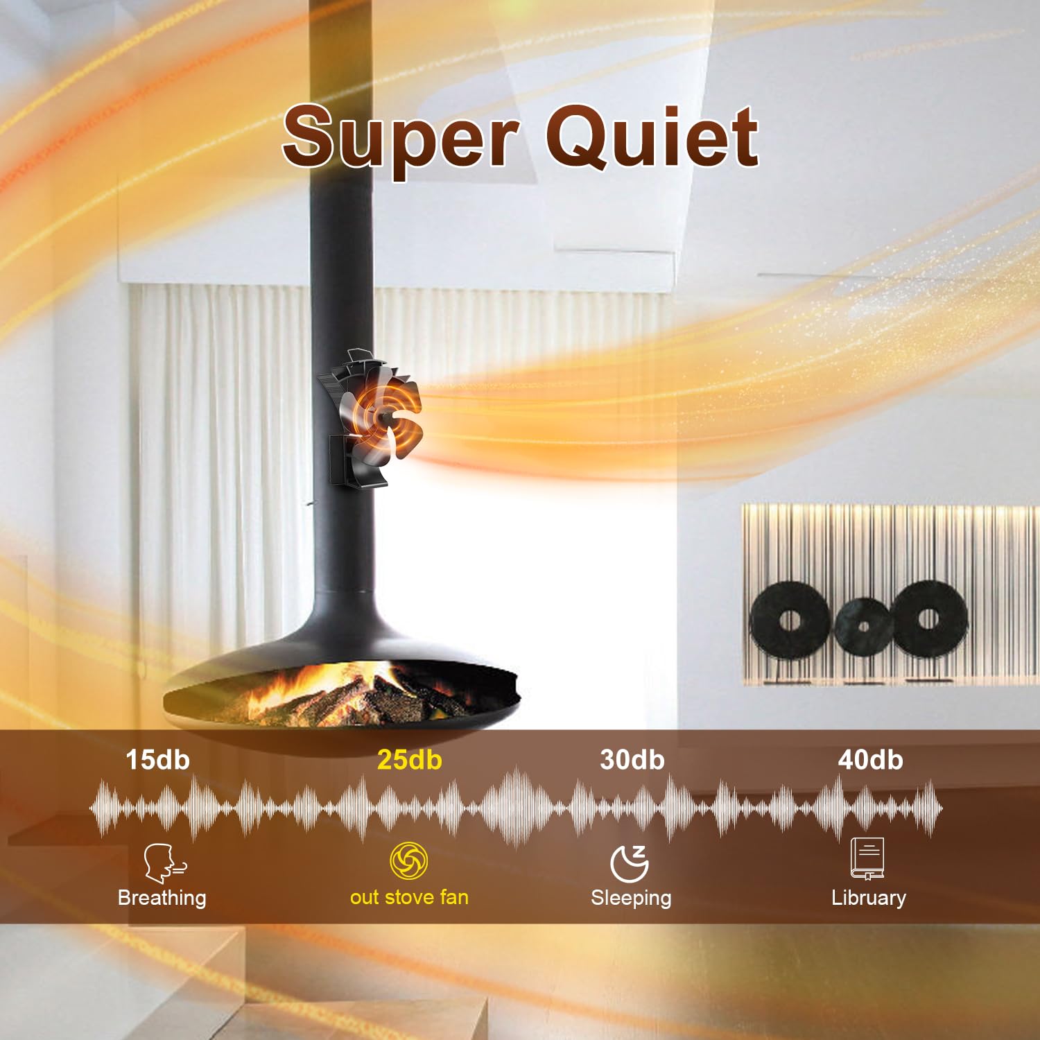 VODA Stove Fan 5 Blades for Wood Stove/Fireplace/Flue Pipe - Magnetic Installation, No Power Required - High Efficiency, Low Noise, Durable - Include 1 Spare Ring