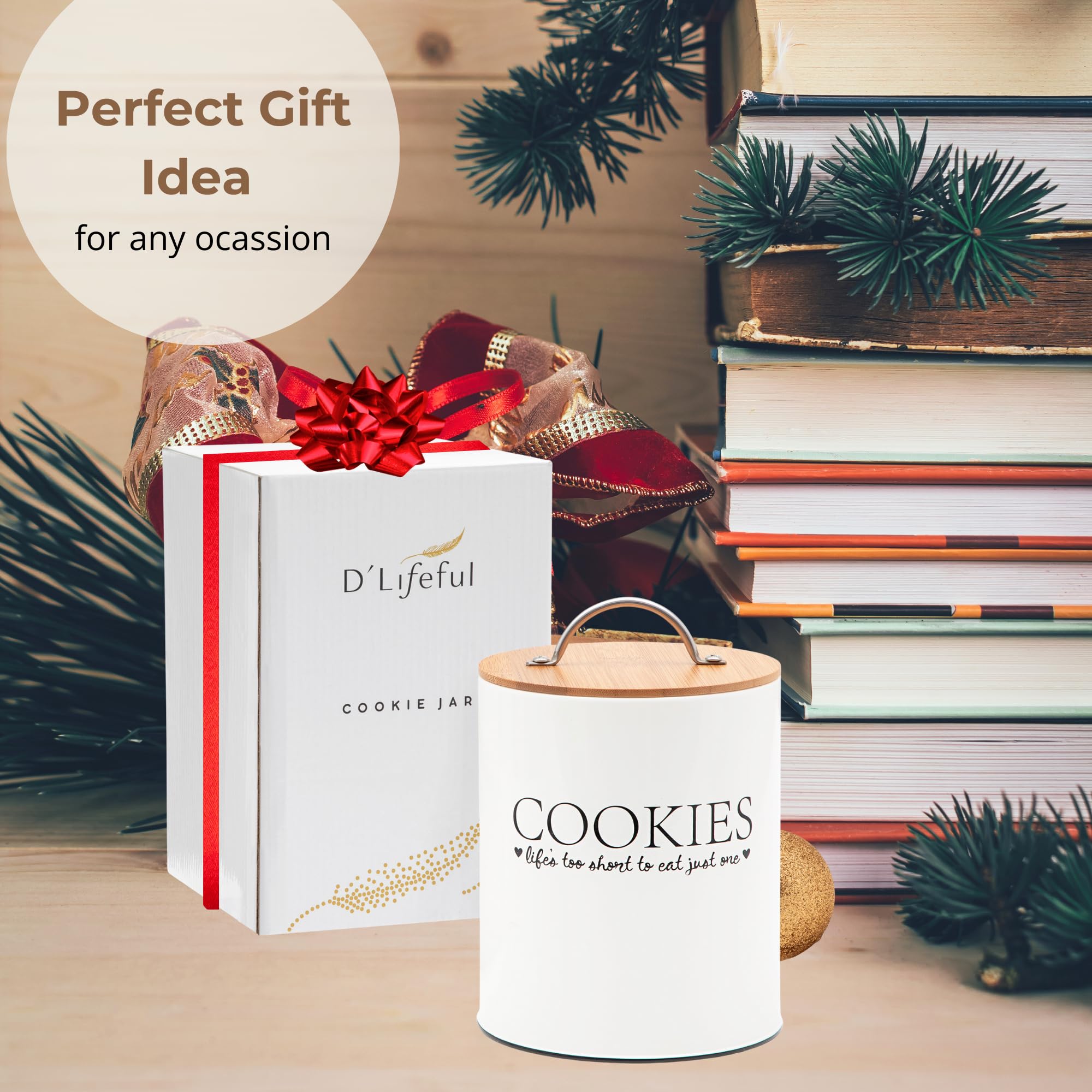 D'Lifeful Farmhouse Cookie Jars for Kitchen Counter with Airtight Seal Bamboo Lid - Decorative Tin Cookie Jar with Lids - Storage Container for Cookies and Baking Supplies