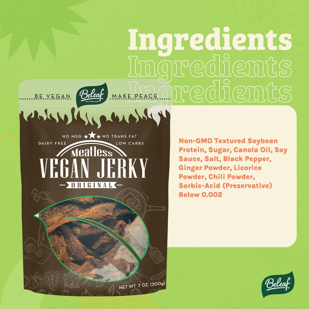 BELEAF Original Plant-Based Jerky | Delicious Meat Substitute | Low Carb, Non-GMO, Dairy Free, Plant Protein | Natural Ingredients | Spicy Healthy Snack 7oz