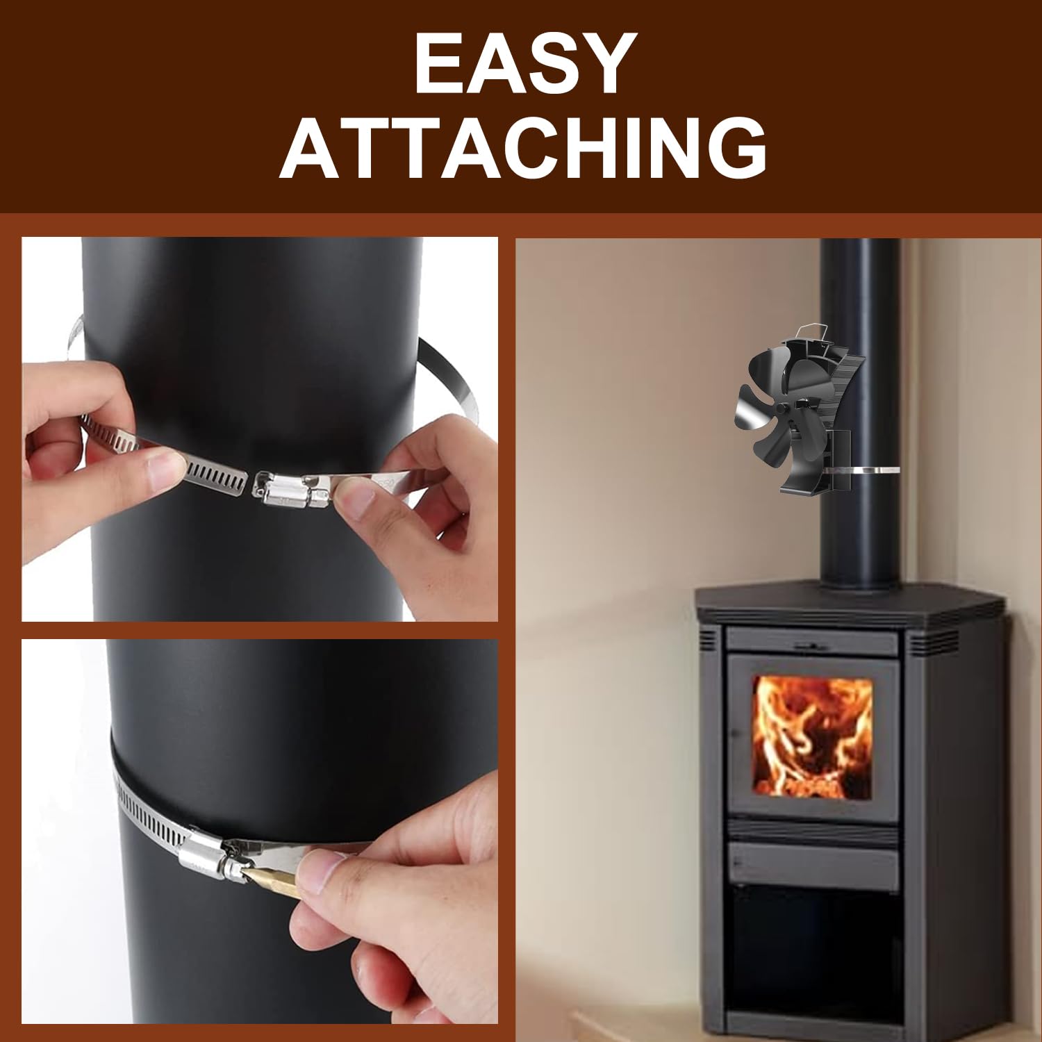 VODA Stove Fan 5 Blades for Wood Stove/Fireplace/Flue Pipe - Magnetic Installation, No Power Required - High Efficiency, Low Noise, Durable - Include 1 Spare Ring