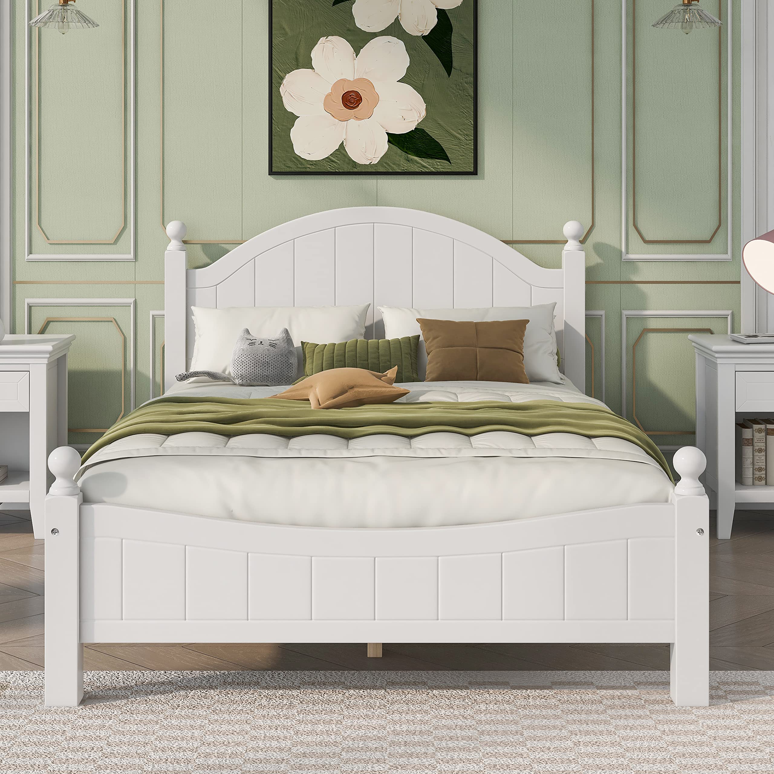 Full Size Platform Bed with Headboard and Footboard, Wood Full Bed Frames with Slat Support, Concise Style Full Size Bed for Kids,Teens, Adults, No Box Spring Needed (Milky White)